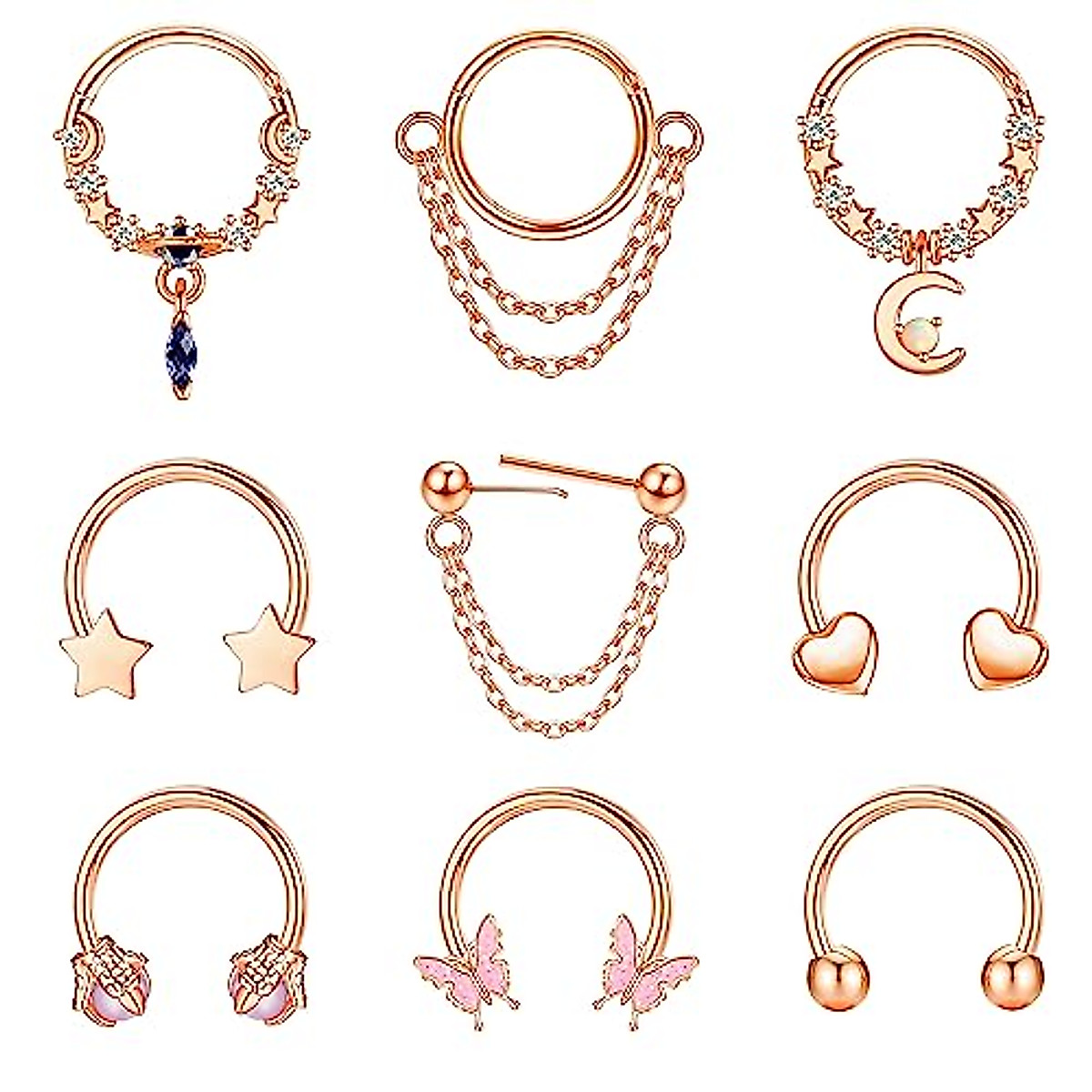 CASSIECA 9Pcs 16G Septum Rings for Women Surgical Steel Septum Jewelry Hinged Nose Rings Hoop CZ Butterfly Horseshoe Cartilage Earrings Hoop Helix Tragus Daith Piercing Jewerly