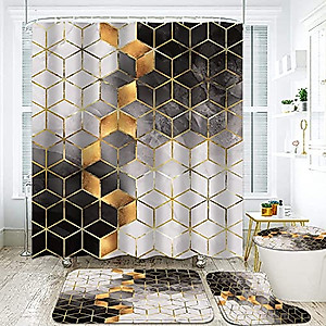 LQCOOL 4Pcs Black Gradient Shower Curtain Set,Black Marbling Shower Curtain Set Golden Cubic Lines Bathroom Set Texture Modern Art Bath Accessories with Mats