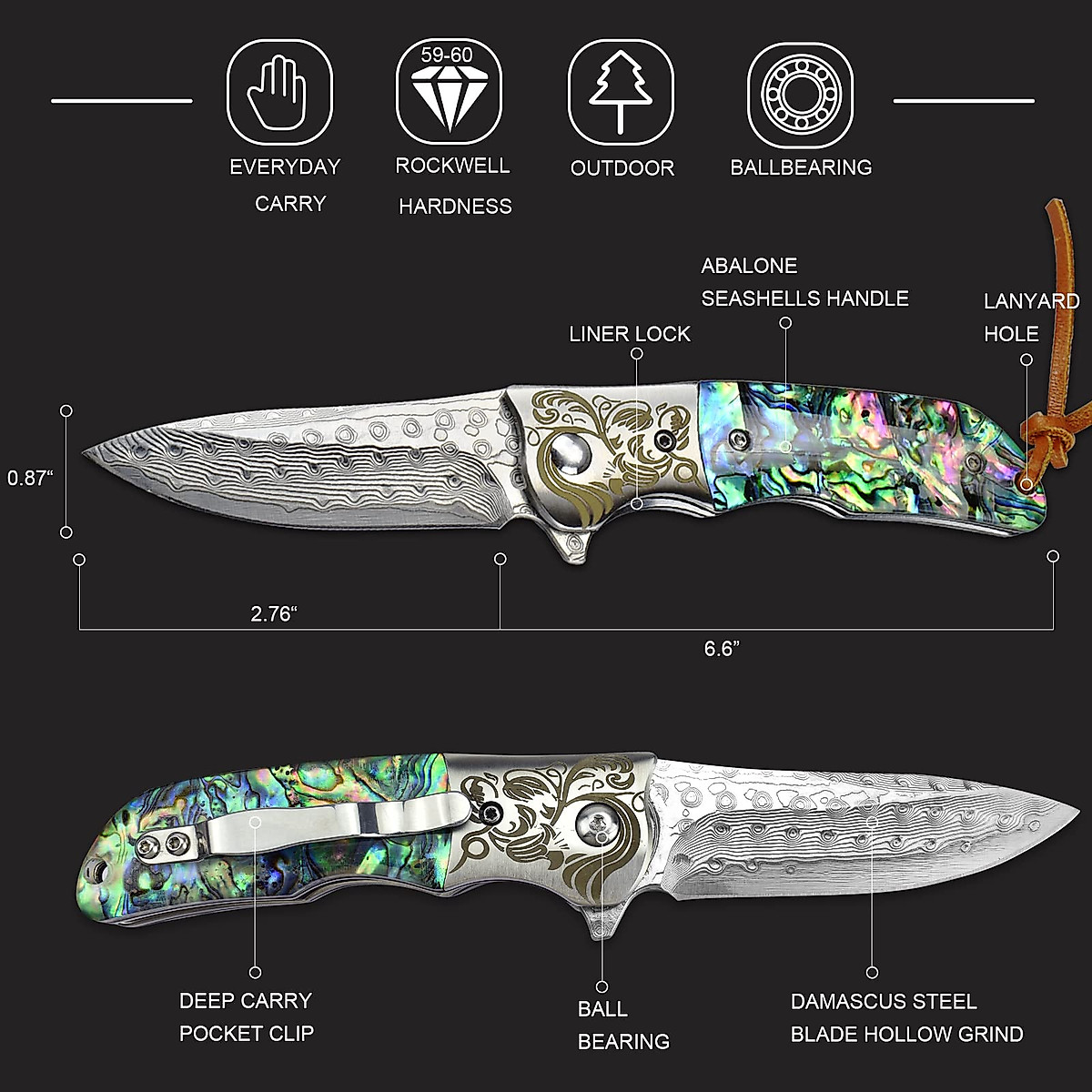 AUBEY Damascus Steel Pocket Knife with Clip, Abalone Shell Handle Folding Knife, Sharp EDC Hunting Knife with Leather Sheath for Camping Collection