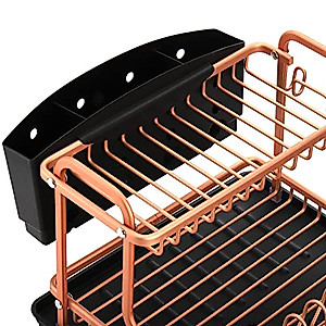 Frcctre Aluminum Dish Drying Rack, Rustproof Dish Rack and Drainboard Set with Adjustable Swivel Spout, Removable Drainer Tray and Utensil Holder for Kitchen Counter, Rose Gold