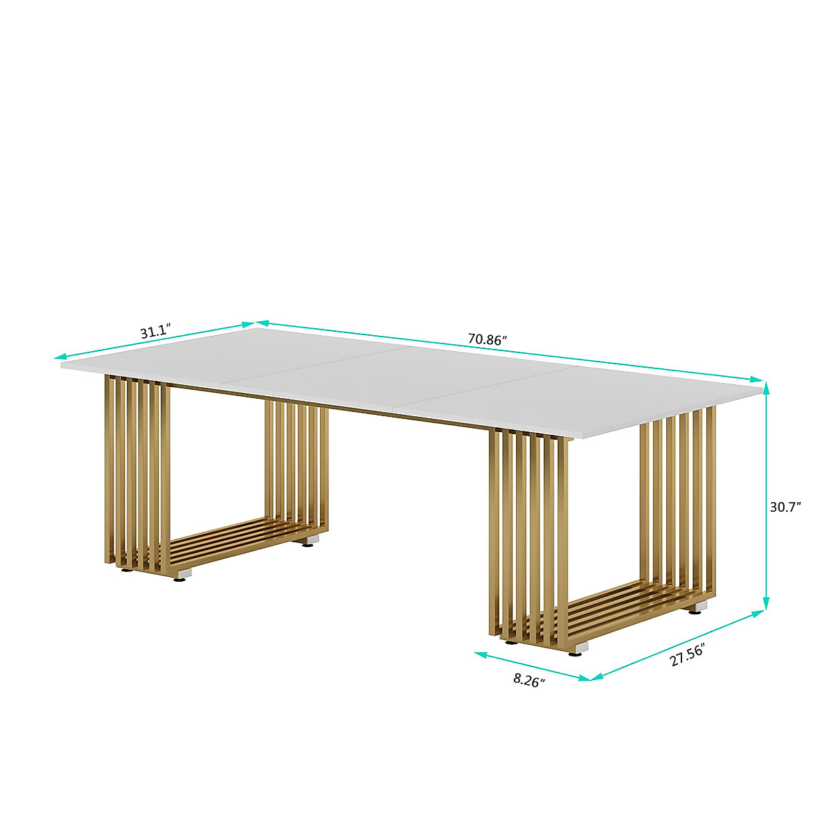 Vagaconl 70.9" Large Modern Computer Desk, White Gold Desk with Gold Metal Legs, Large Workstation for Home Office, Study Writing Desk, Small Conference Table for Meeting Room