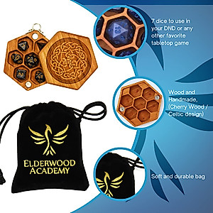 Elderwood Academy Pocket Sized Hex Dice Wood Chest with Magnetic Lid - Perfect for DnD, Magic the Gathering Dice Counters and Any Other Tabletop Games (Mini-Cherry/Celtic)