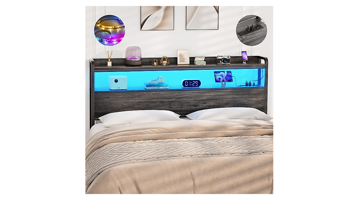 Aheaplus Full Size Headboard: USB & LED Light Feature