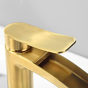 Brushed Gold Single Hole Bathroom Faucet, Waterfall Single Handle Modern Bathroom Faucet, Tall Vessel Bathroom Faucet with Pop Up Drain and Water Supply Line by Phiestina, NS-SF01-BG-V