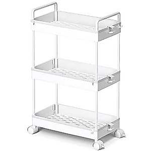 Ronlap 3 Tier Classic Slim Storage Cart with Wheels Slide Out Plastic Rolling Utility Cart Organizer for Bathroom Laundry Room Kitchen Office Narrow Place, White