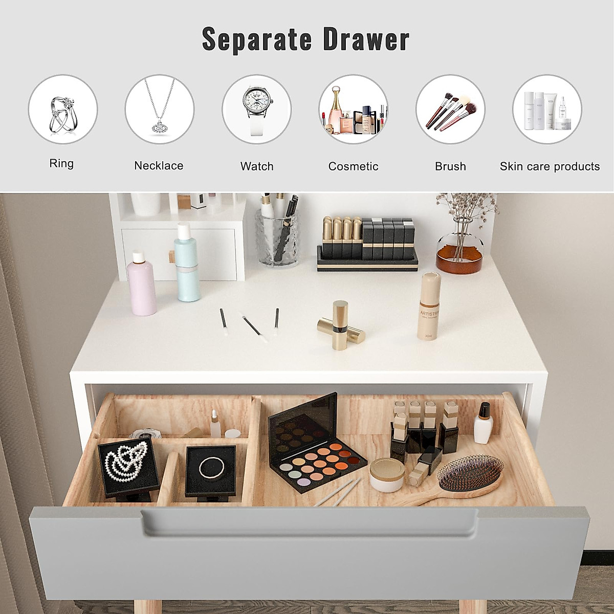 ARTETHYS Small Vanity Desk Set with 3 Adjustable Lighted Mirror and Storage Shelf White and Grey Tiny Vanity Table with Drawer for Bedroom 24 Inch Makeup Vanity Compact Dressing Table for Small Space