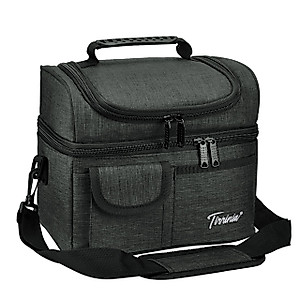 Tirrinia Insulated Lunch Bag, Leakproof Thermal Bento Cooler Tote for Women and Men, Dual Compartment with Shoulder Strap, 10.3" x 7.5" x 8.6", Black