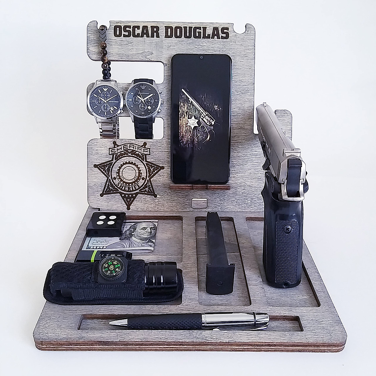 Wooden Docking Station, Police officer Docking Station, Wood Stand for gun, Law enforcement Gift for men, Nightstand with gun holder