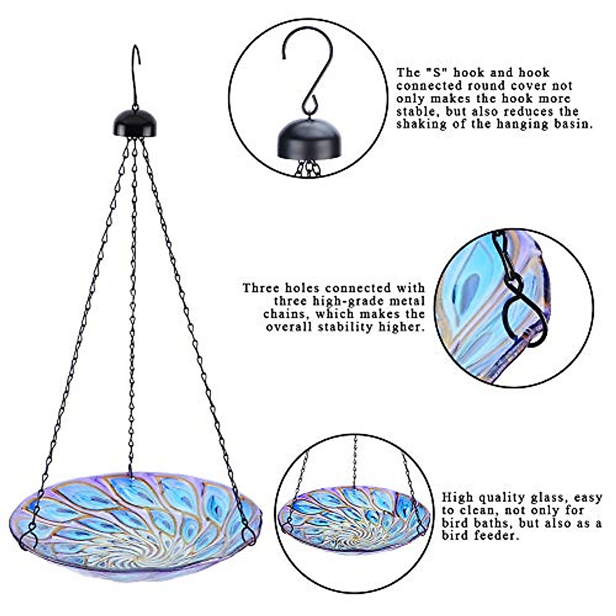 VCUTEKA Hanging Bird Baths Outdoor Glass Peacock Birdbath Birdfeeder for Garden Yard Decoration