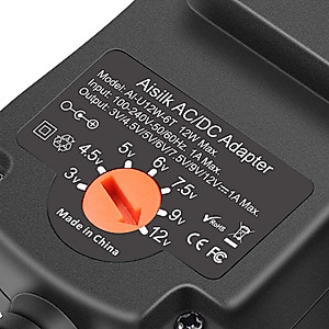 Aisilk Multi-Voltage AC DC Power Adapter 3V-12V 1000mA 1A Max 12W Universal Switching AC/DC Charger W/ 8 Adapter Plugs Compatible with 3V 4.5V 5V 6V 7.5V 9V 12V Electronic Devices