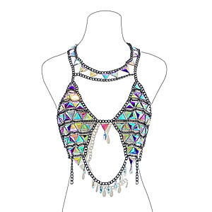 Aiosy Boho Body Chain Bra Silver Sexy Rhinestone Bikini Bra Body Halter Backless Sequins Chain Bra Beach Body Accessories Jewelry for Women (Top)