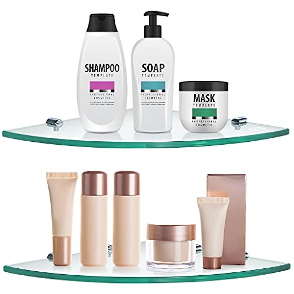 Sanbege 2 Pcs Tempered Glass Corner Shelf with 8 Brackets, 12" x 12" Floating Shower Caddy, Wall Mounted Shampoo Holder Organizer for Bathroom, Kitchen, Living Room