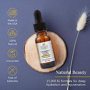 Health Priority Naturals Organic Vitamin E Oil for Skin - 0.5 Fl oz Vitamin E Serum with Jojoba and Avocado Oil - 15000 IU Unscented, Handcrafted for Face and Hair, Non-GMO and No Gluten