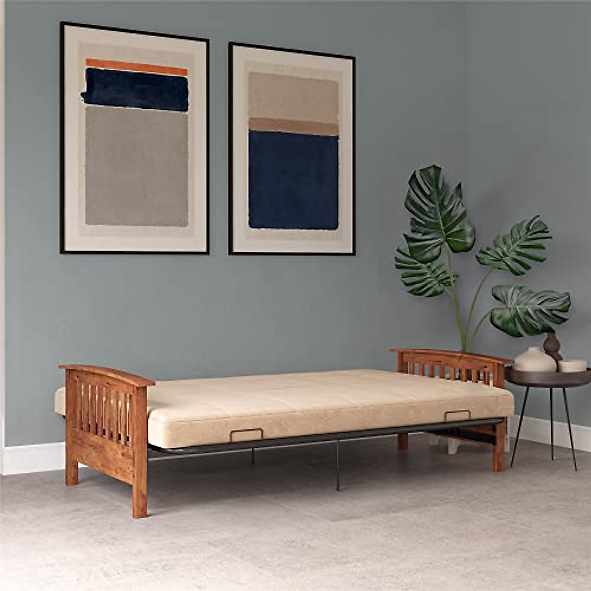 DHP Brixen Cherry Wood Arm Metal Futon Frame with 6-Inch Mattress, Full, Tan