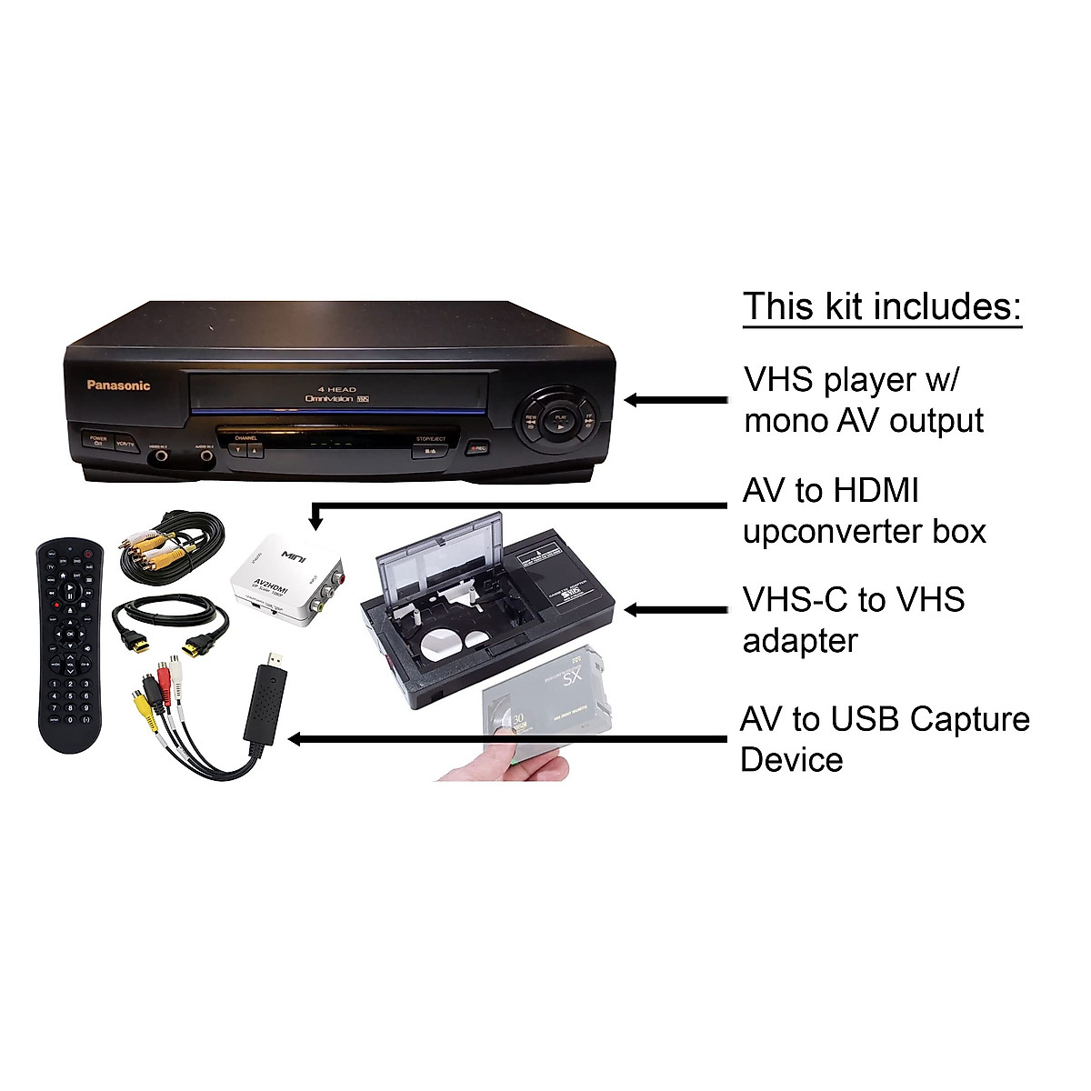 Panasonic VCR and VHS-C Adapter for VHS to DVD Transfer w/Remote, USB, HDMI (Mono)