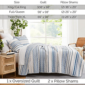 Southshore Fine Living, Inc. Oversized King Quilt Set, All Season Striped Blue Bedspread Set, 3-Piece Coastal Bedding, California/King Coverlet Sets with Shams, Soft Microfiber Quilt, Blue Stripes