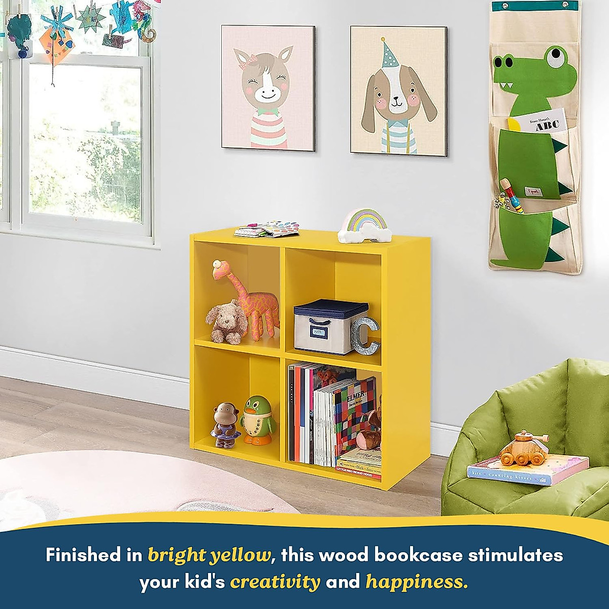 Kings Brand Furniture George Bookcase Cubby Storage Organizer - Square Shelves Cube Storage - 4 Cube Storage Organizer - Cube Organizer Wood Shelf for Bedroom - Nursery - School - Yellow Finish