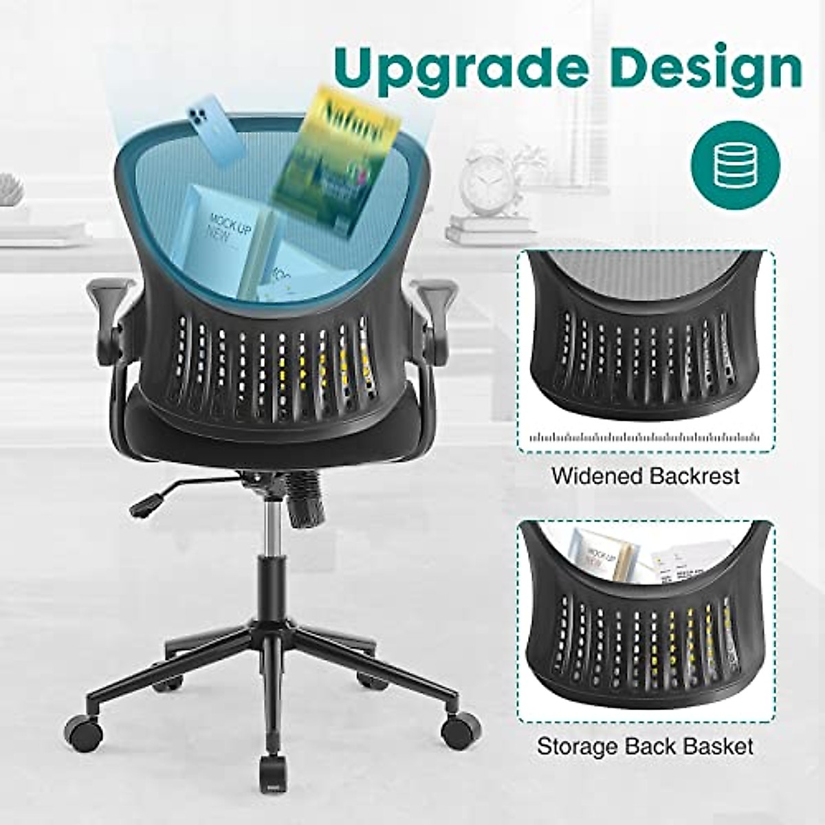 Office Chair - Ergonomic Flip-up Arm Home Office Computer Swivel Task Chair with Lumbar Support, Wide Seat, Thickened Cushion, Widened Backrest, Storage Back Basket