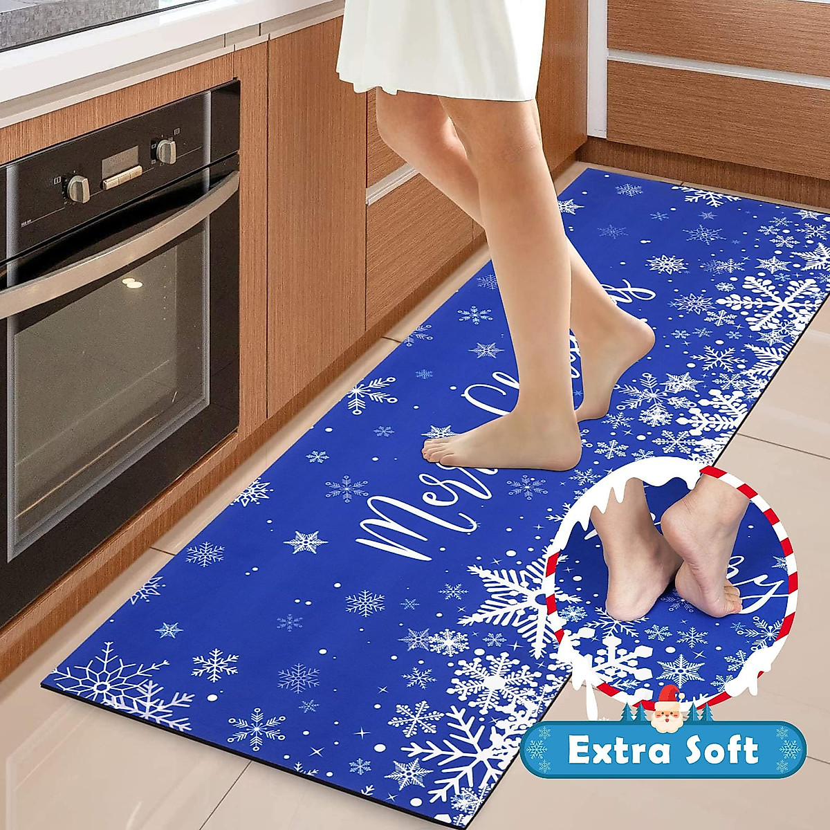 ASPMIZ Christmas Hallway Runner Rug, Winter Snowflake Laundry Room Rug Runner Non Skid Rubber Xmas Snow Entrance Mat Blue, Christmas Decorations Floor Comfort Mat for Hallway Entryway, 20 x 60 Inches