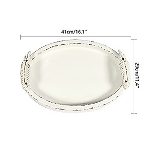 SOFE 16" Farmhouse Oval Wood Tray, White Distressed Serving Tray with Carved Handles, Serving Tray Decorative and Rustic Candle Holder Tray, Coffee Table Tray Centerpieces for Dining Room/Kitchen