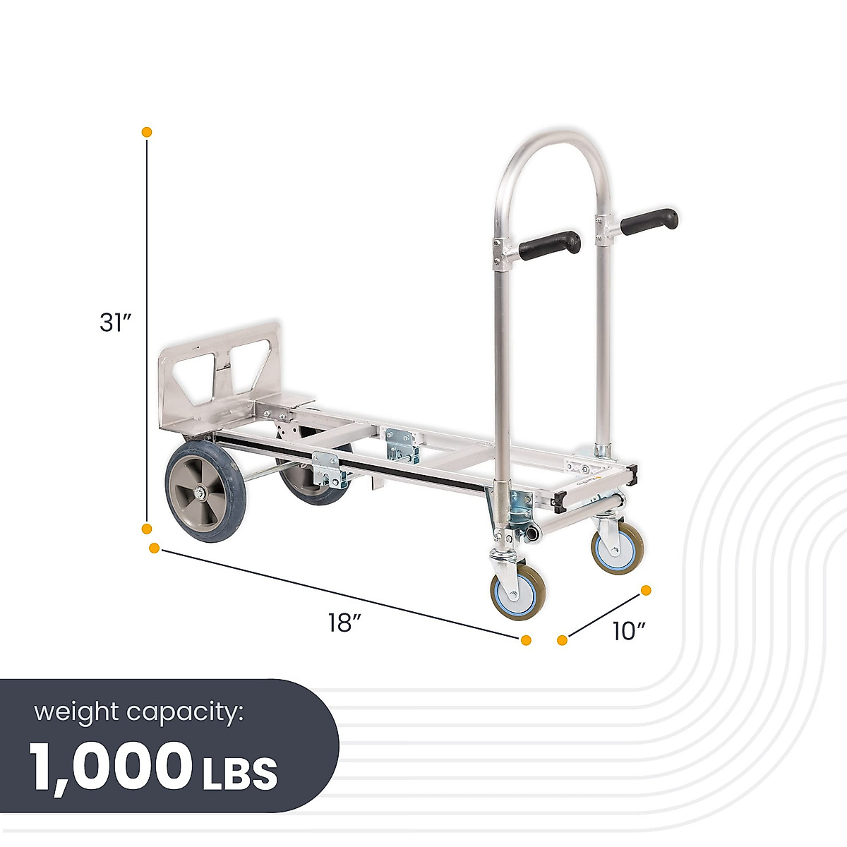 HaulPro Junior Heavy Duty Convertible Hand Truck with Double Grip Handles - Aluminum Dolly Cart for Moving - 1,000 LB Capacity - Converts from Hand Truck to Platform Push Cart - 52" L x 41" W x 44" H