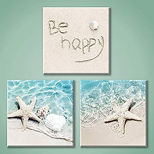 Beach Starfish Canvas Wall Art: Starfish and Conch in The Teal Sea Water Picture Prints on Canvas for Bathroom (12'' x 12'' x 3 Panels)