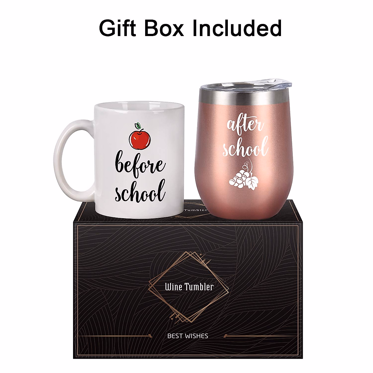 Qtencas Before School After School Teacher Coffee Mug and Wine Tumbler Set, Funny Idea for Teachers, Teacher Appreciation from Students, 12 Oz Insulated Stainless Steel Tumbler 11 Oz Coffee Mug