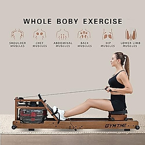 GYMTIME Water Rowing Machine for Home Gym Fitness, Classic Solid Wood Rower Machine with LCD Monitor for Cardio Training Whole Body Exercise Indoor Fitness Sports Training Equipment