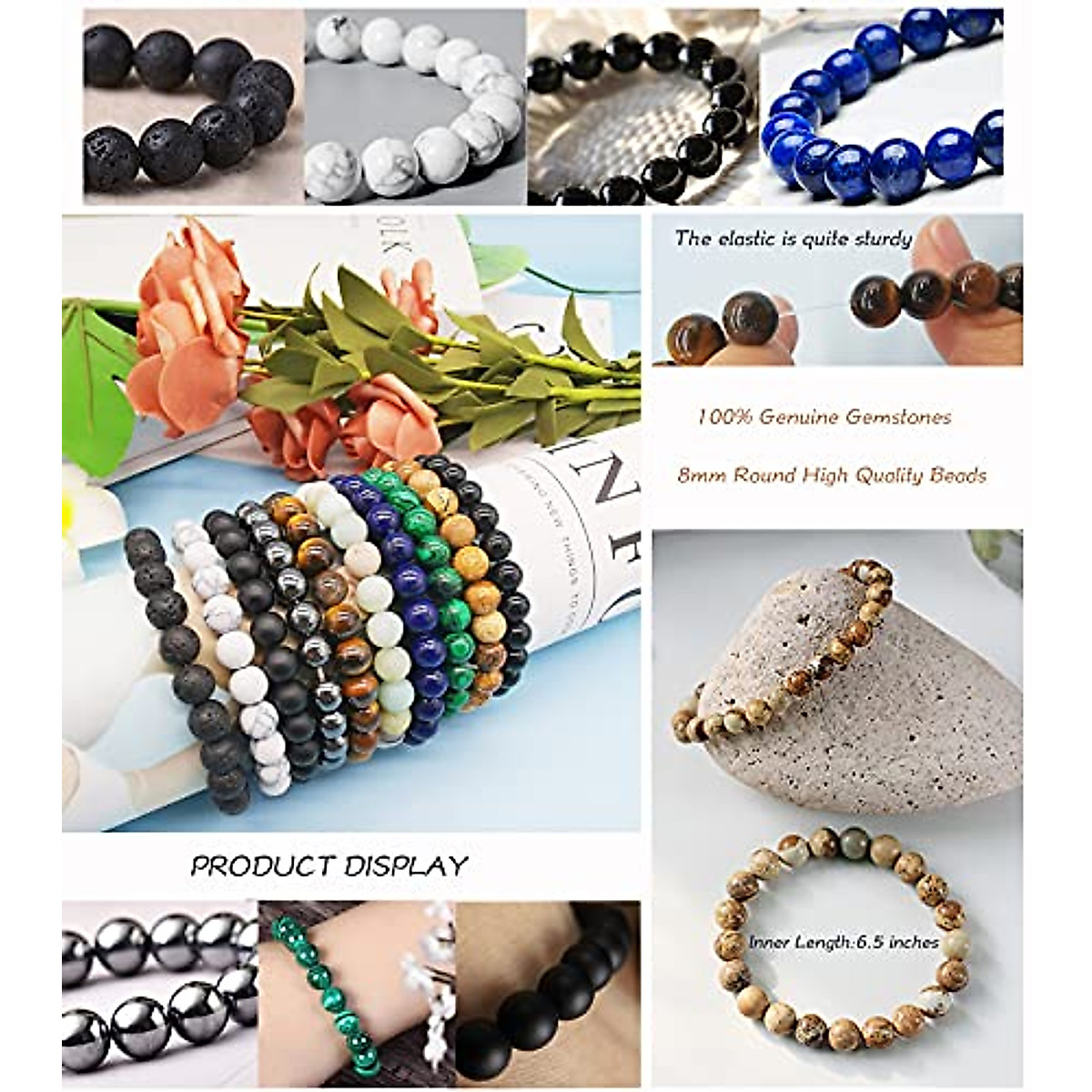 JEWPARK 10PCS 8mm Semi-Precious Gemstone Bracelet Set Healing Crystal Stone Stretch Bracelets for Men Women Round Beaded Elastic Bracelets