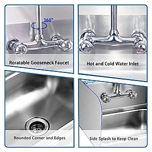 Chingoo Stainless Steel Sink with Faucet and Side Splash Commercial Wall Mount Hand Sink for Restaurant, Kitchen and Home, 17 x 15 Inches