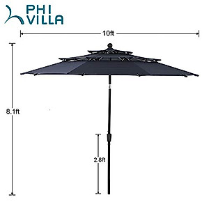PHI VILLA 10ft Patio Umbrella Outdoor 3 Tier Vented Market Table Umbrella with 1.5" Aluminum Pole and 8 Sturdy Ribs, (Dark Blue)