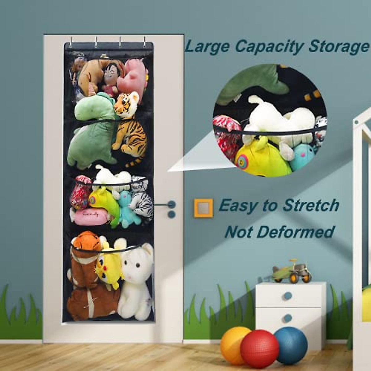 Stuffed Animal Storage, Over The Door Organizer Storage for Filling Stuff Toys, Stuffed Animals Holder with 4 Pockets, Foldable Portable Durable Hanging Storage Holder for Room (Black)