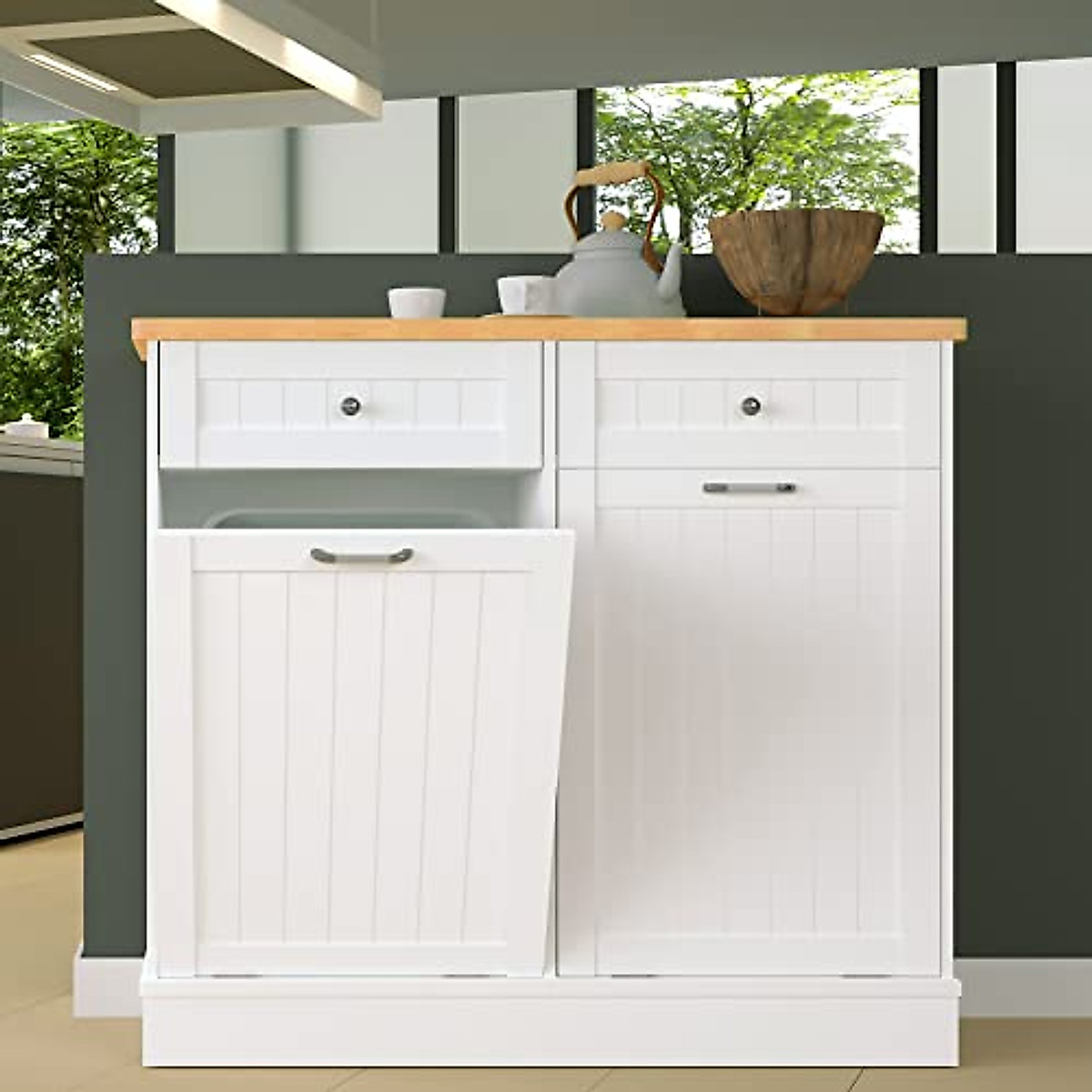 Betterhood Double Tilt Out Trash Can Cabinet 20 Gallon for Kitchen with Drewers & Solid Wooden Tabletop Free Standing,Trash Bin Cabinet (White)