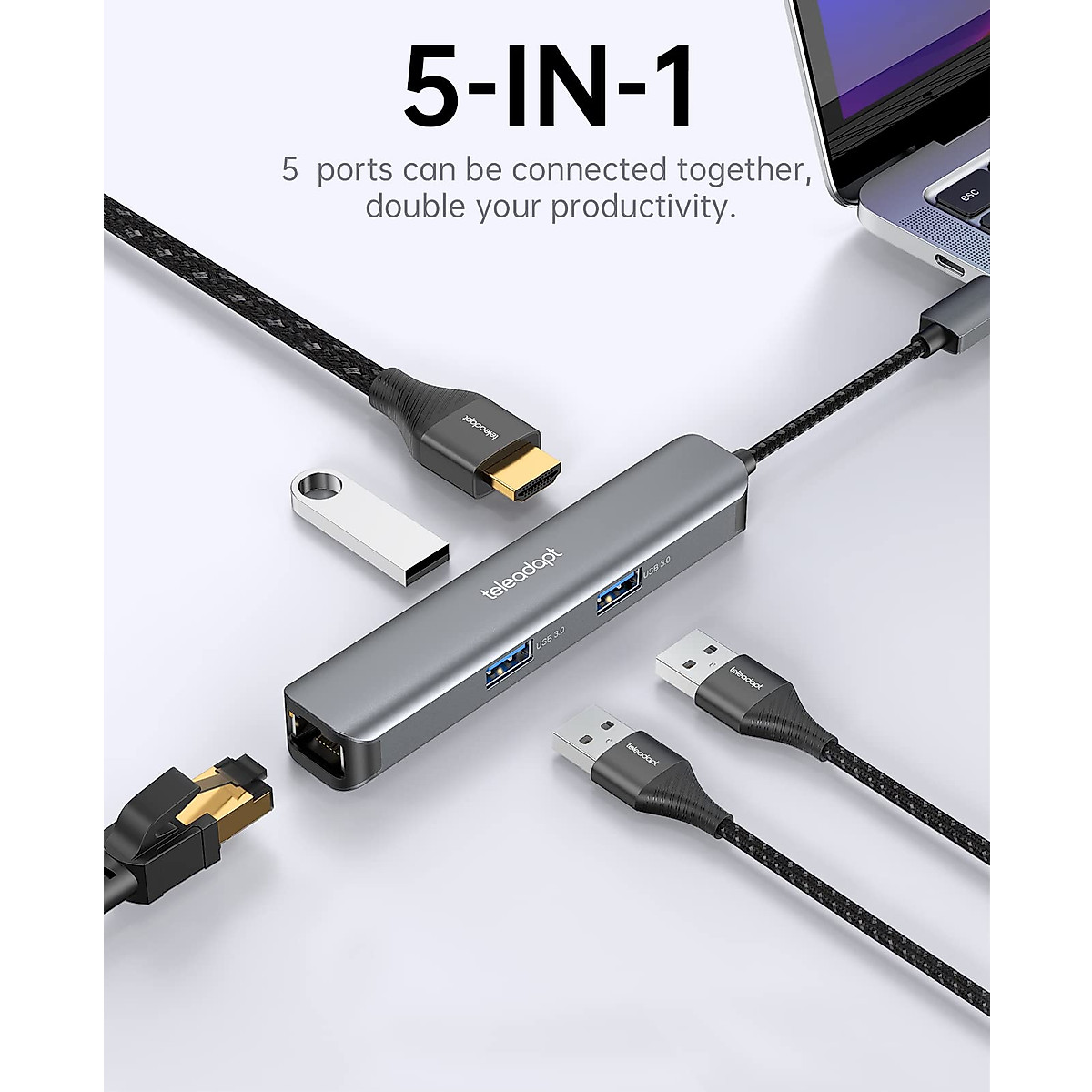 Teleadapt USB Type-C 5-in-1 Hub Adapter. 4K HDMI, 1Gbps Ethernet, 3 x USB 3.0 5Gbps Data Ports. Ideal for MacBook Air/Pro, iPad Pro, Dell XPS