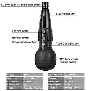 ERAVOR 3.6V Cordless Electric Screwdriver, Rechargeable Power Screwdrivers, Automatic Home Repair Tool with Non-slip handle & LED light, Includes 5pcs Bit, 1800mAh USB Rechargeable Battery - Black