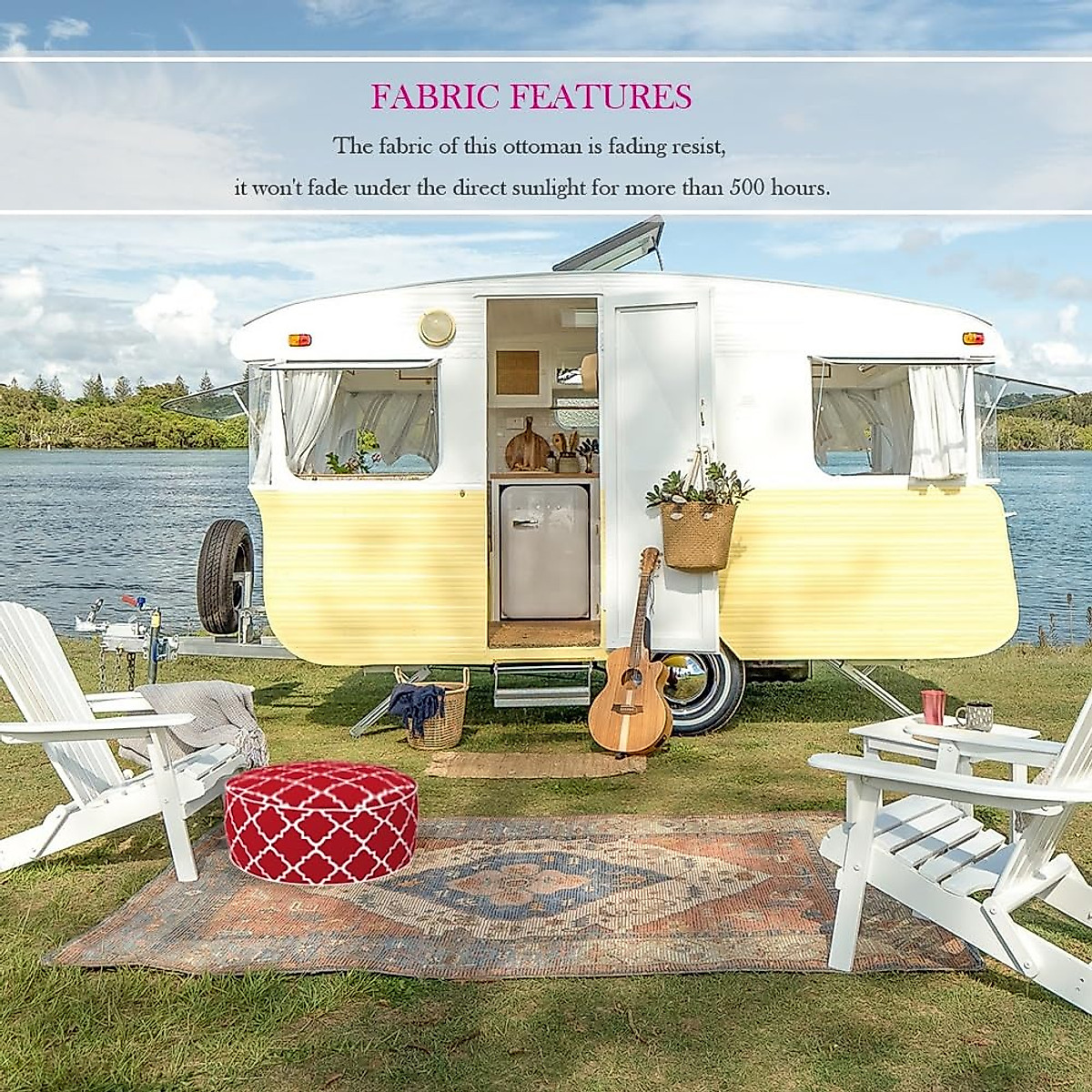 Fabritones Outdoor Inflatable Ottoman Cover Round 21x9 Inch Red Geometric Pattern Patio Foot Stools and Ottomans Cover