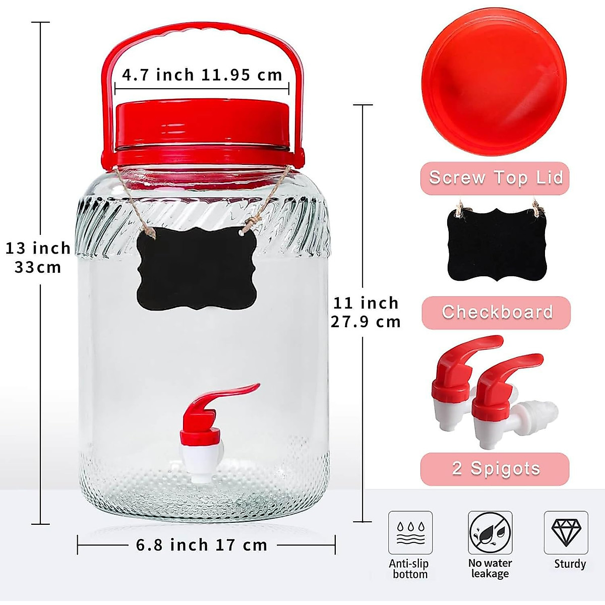 1.32 Gal Wide Mouth Glass Drink Dispensers for Parties, Leakproof Spouts, Wood Sign - Sun Tea Jar for Outside. Ideal for Beverage, Lemonade, Yogurt, Kombucha, Canning, Fermenting, Picnics, Home Use