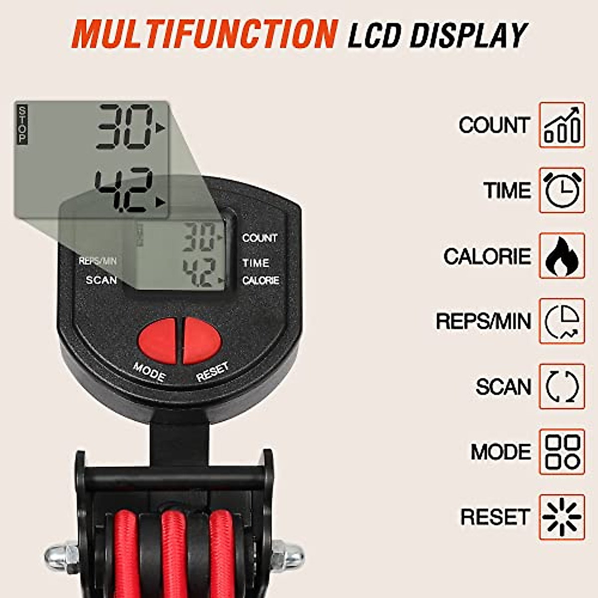 Rowing Machines for Home Use, Foldable Rowing Machine, Elastic Rower Indoor Row Machine with 3 Adjustable Levels, LCD Display & Comfortable Seat Cushion (Black&Red)