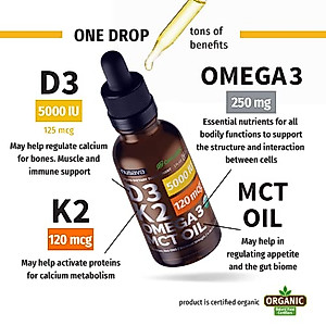 (2 Pack) Organic Vitamin D3 K2 Drops w MCT Oil Omega 3, 5000 IU, Maximum Strength Vitamin D Liquid 5000 IU, No Fillers, Non-GMO Liquid D3 for Faster Absorption & Immune Support, Unflavored, 2 Fl Oz