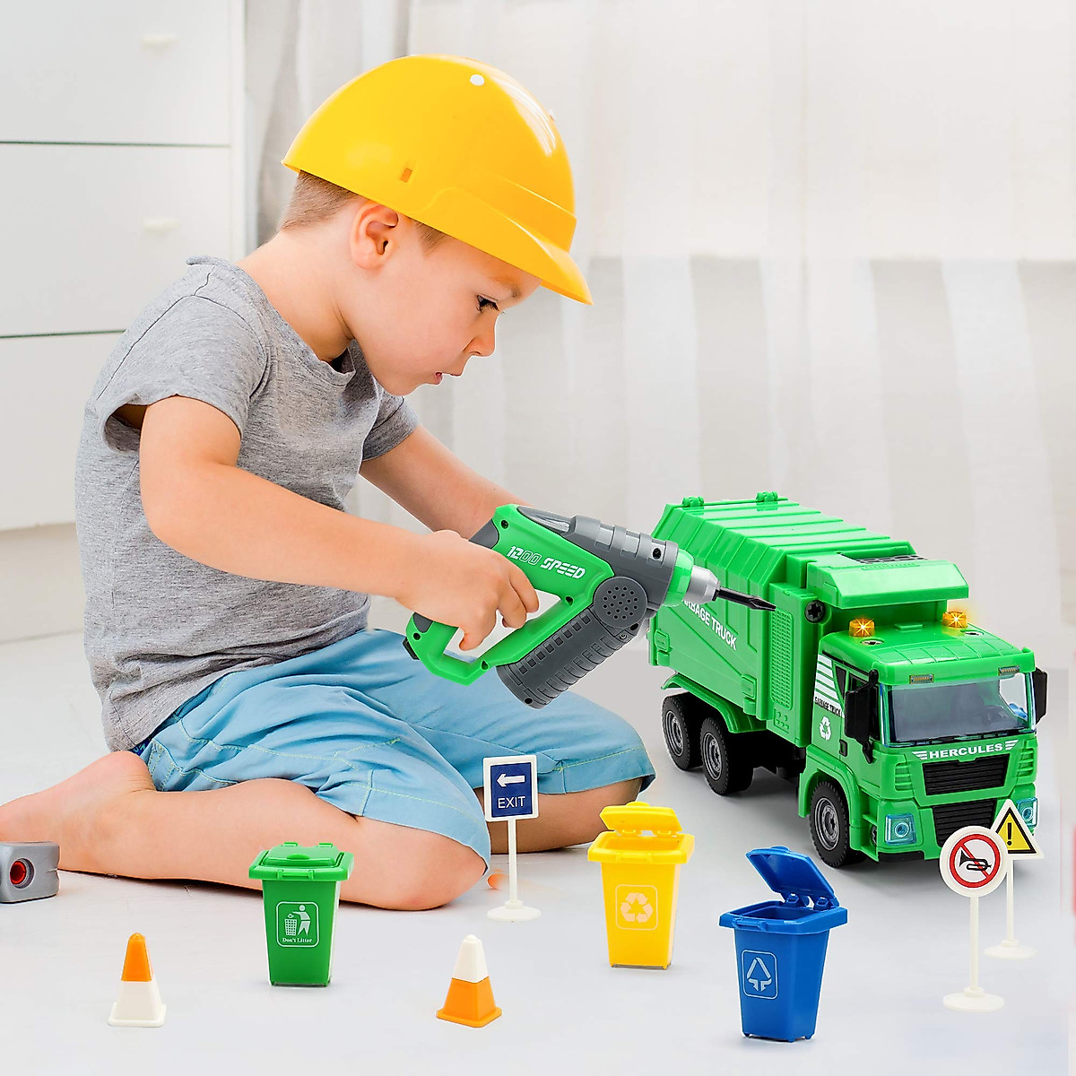 Garbage Truck Toy - 116 Pcs Friction Power Take Apart Toy STEM Toys w/Drill, Push & Go Lights & Sounds, Sanitation Trash Trucks City Vehicle Playset for Kids Toddlers Boys Ages 3 4 5 6 7 8 Years Old