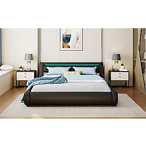 GLANZEND Queen Size Faux Leather Upholstered Platform Bed with Hydraulic Storage System, with LED Light Upholstered Headboard, Bedframe w/Wood Slat Support, for Bedroom, Kids Room, Guest Room, Black