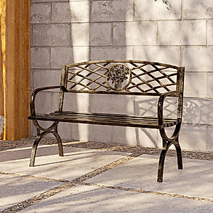 BELLEZE 50 inch Outdoor Garden Bench, Cast Iron Metal Loveseat Chairs for Park, Yard, Porch, Lawn, Balcony, Backyard, Antique Rose Accent Style Patio Seat Furniture, Bronze