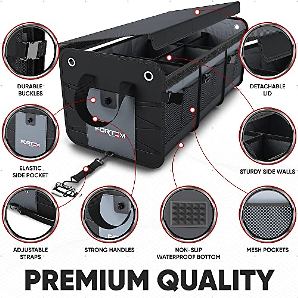 FORTEM Car Trunk Organizer, SUV Trunk Organizer, Car Storage Organizer, Collapsible Multi Compartment Car Organizer, Non Slip Bottom, Adjustable Securing Straps, Foldable Cover (3 Compartments, Grey)