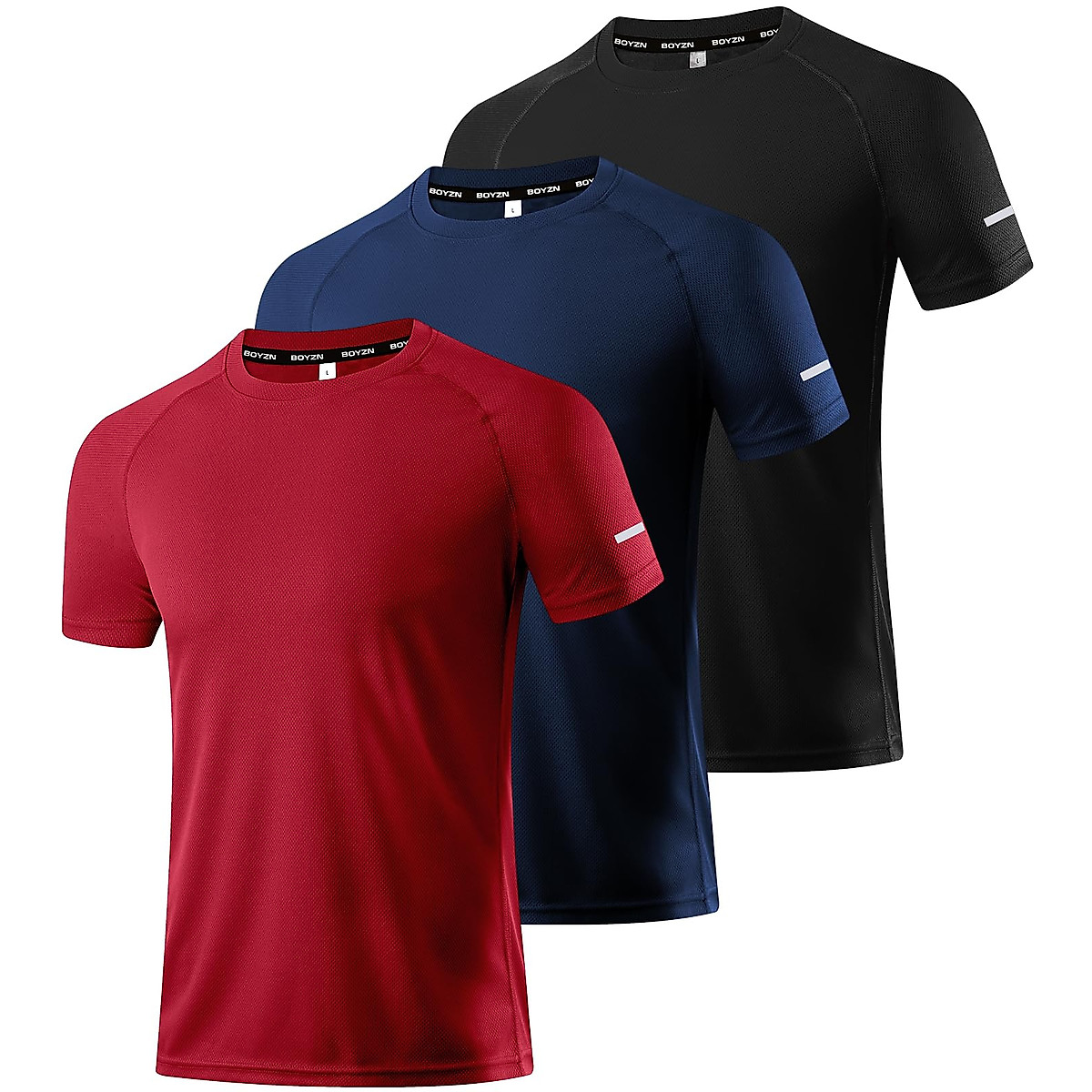 Boyzn 3 Pack Workout Shirts for Men, Moisture Wicking Quick Dry Active Athletic Men's Gym Performance T Shirts Black/Navy/Red-3P01-L