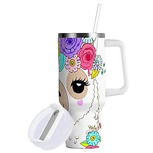ODAWA 30 Oz Llama Floral Stainless Steel Vacuum Insulated Tumbler with Straw and Handle