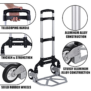 Hand Truck Foldable Portable Folding Hand Cart Aluminum Dolly Cart Push Truck Trolley Black Maximum Load 175 lbs, with Black Bungee Cord, Telescoping Handle, Rubber Wheels with Double Bearings