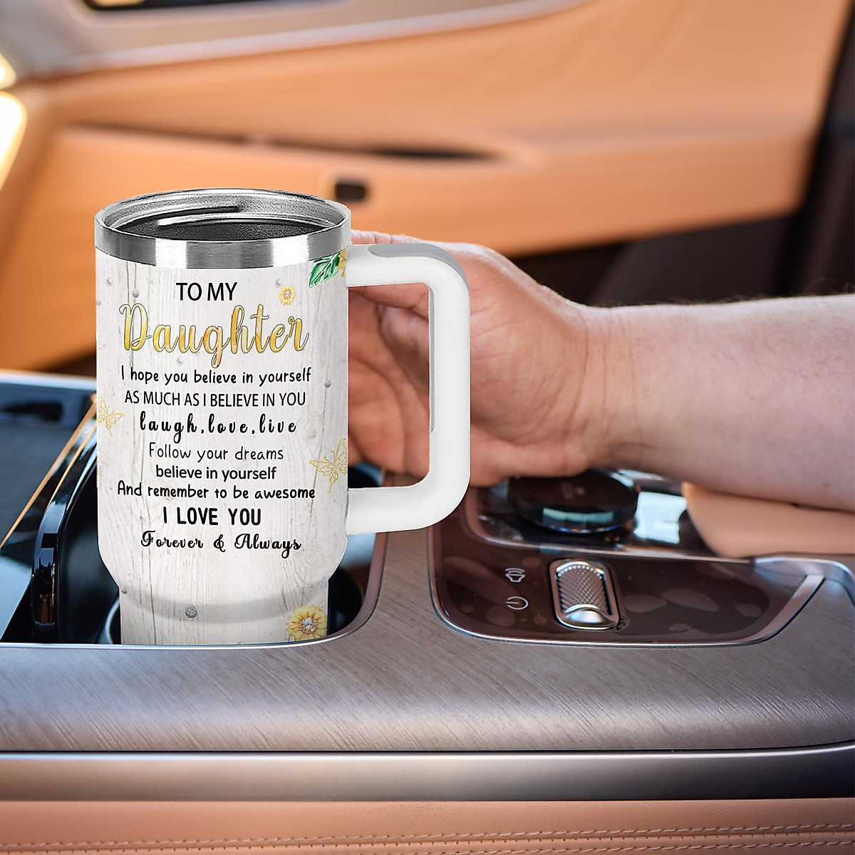 HYMONA Daughter Gifts from Mom Dad, 40oz Daughter Cup Tumbler with Handle, You Are My Sunshine Daughter Insulated Stainless Steel Travel Mug, Birthday Christmas Gifts for Daughter Coffee Travel Mug