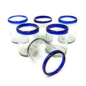 Hand Blown Mexican Drinking Glasses - Set of 6 Tumbler Glasses with Cobalt Blue Rims (10 oz each)