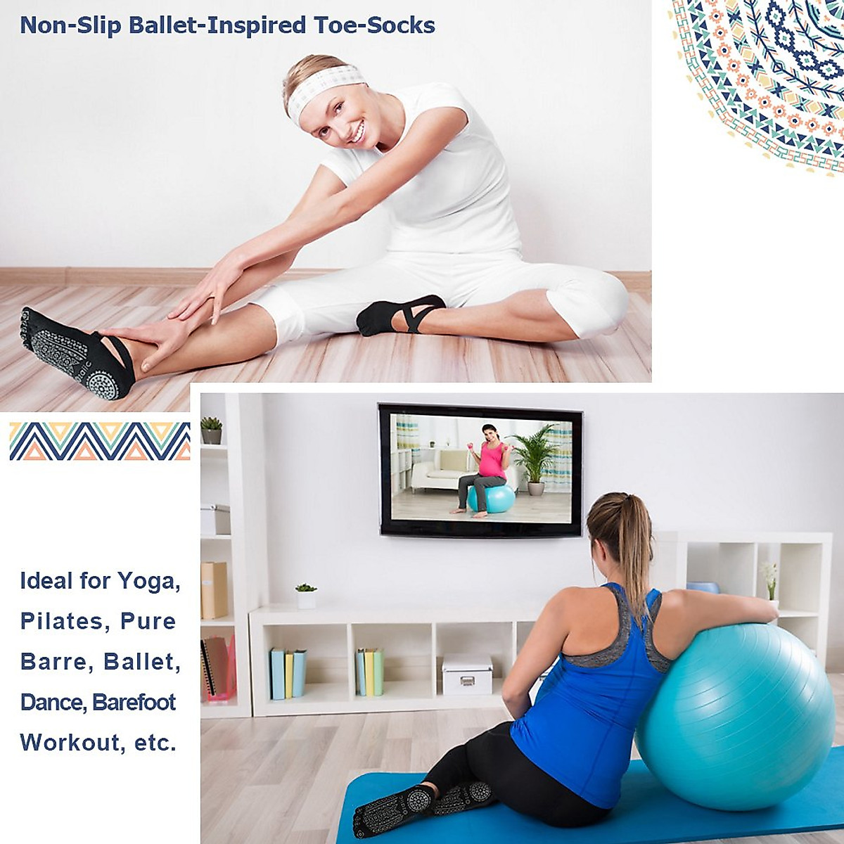 Ozaiic Yoga Socks for Women with Grips, Non-Slip Five Toe Socks for Pilates, Barre, Ballet, Fitness