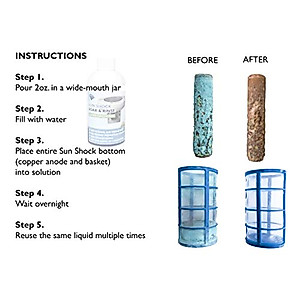 Copper Anode, Basket, and Coil Cleaner - Easy to Use, Prolongs The Electrode (8oz) - Cleans Your Solar Pool Ionizer's Basket and Electrode, All at Once - Sun Shock Soak and Rinse